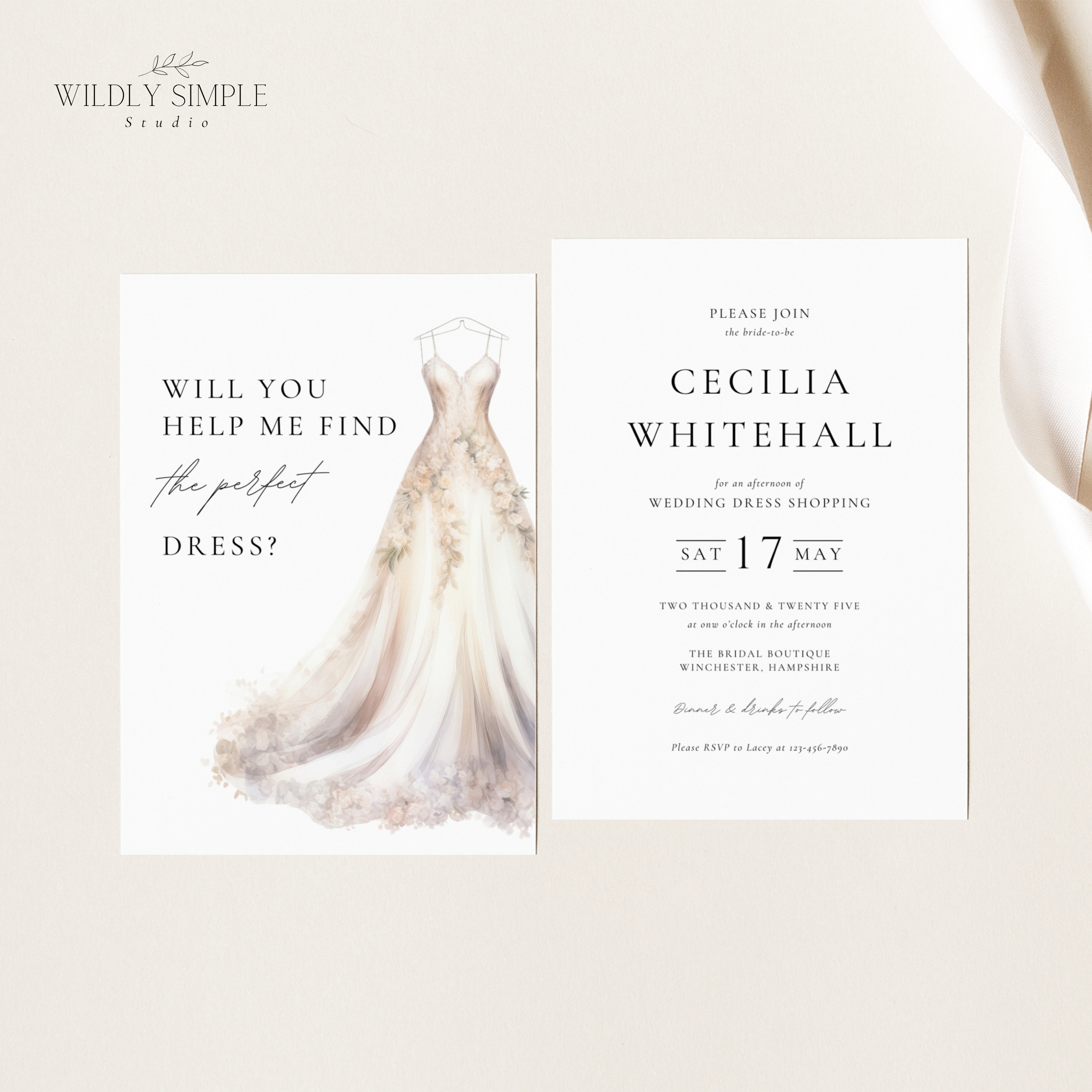 Wedding Dress Shopping Invite, Elegant Bridal Shower Party Invitation ...