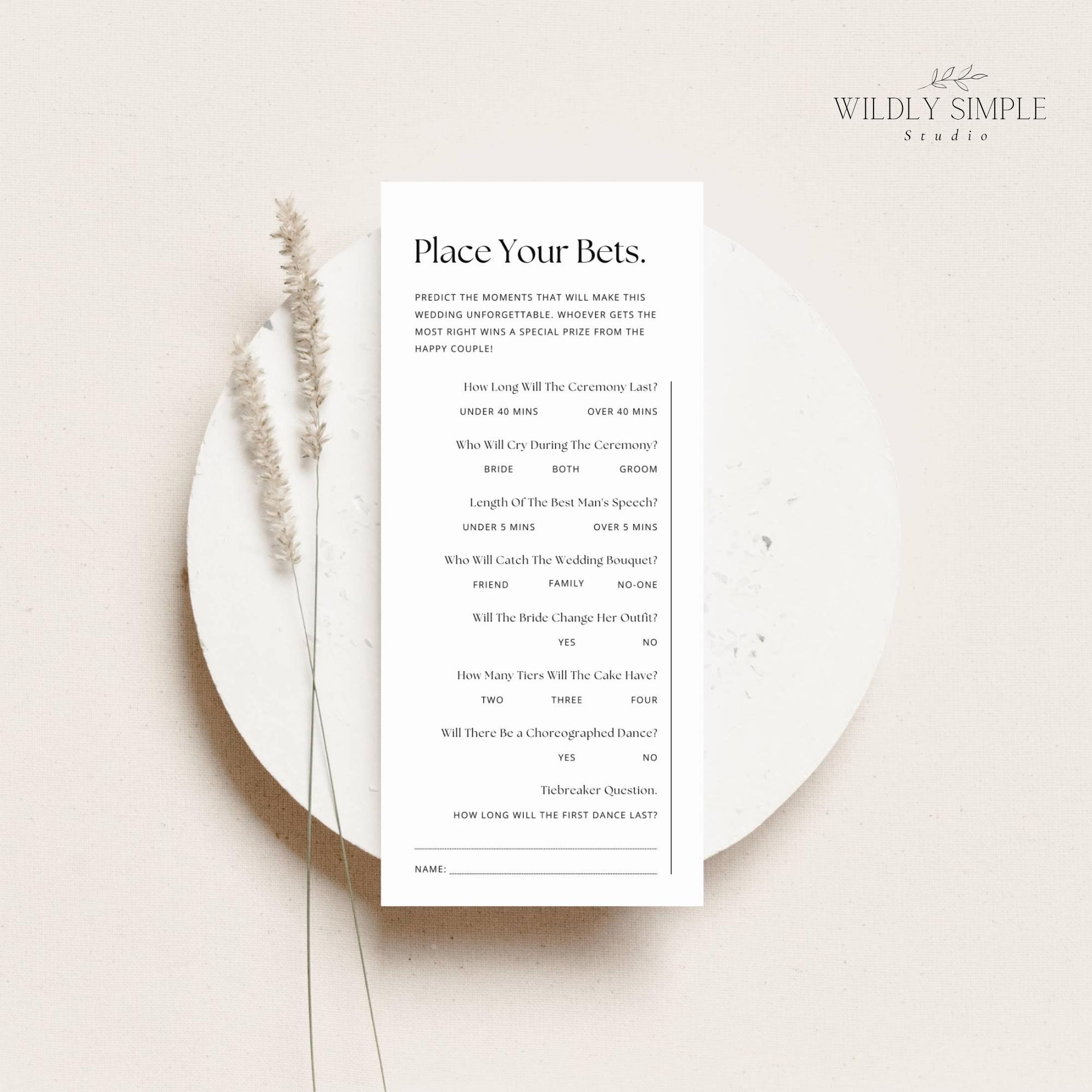 Wedding Place Your Bets, Prop Bets Card, Fun Reception Game, Editable ...