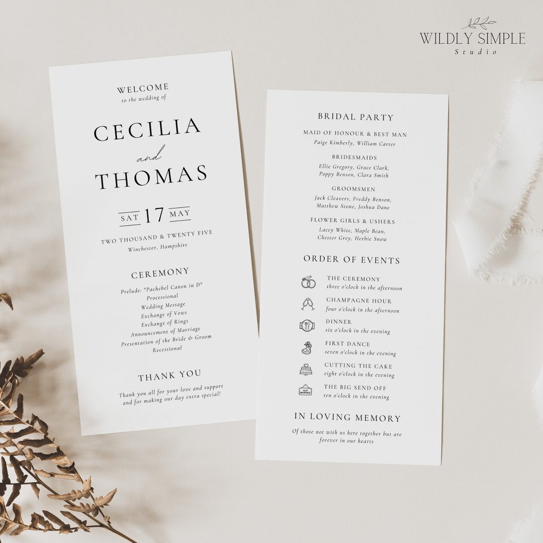 Wedding Program With Icons, Elegant Order of Service, Simple Ceremony ...