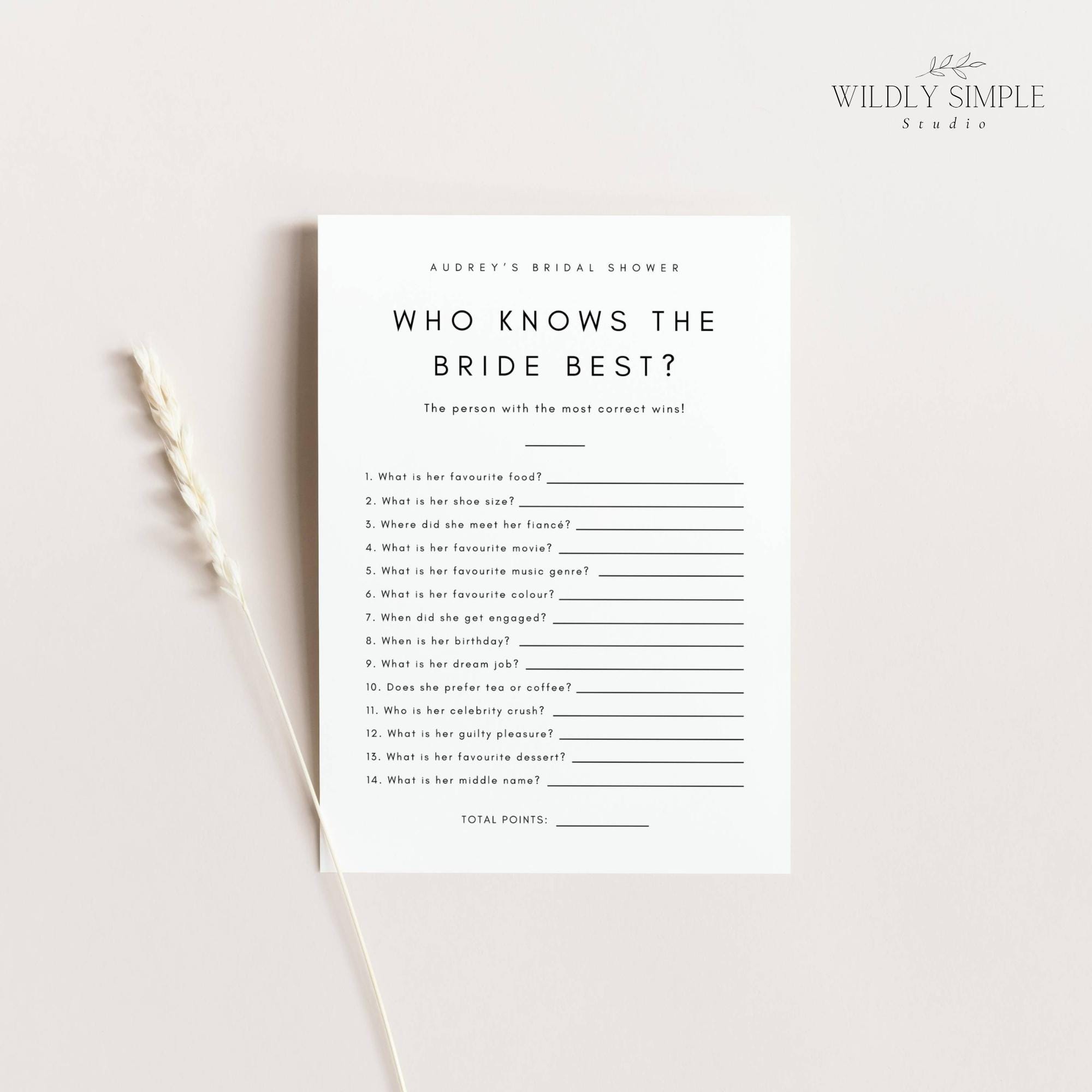 Who Knows the Bride Game, Printable Bridal Shower Activity, Fun Hen ...