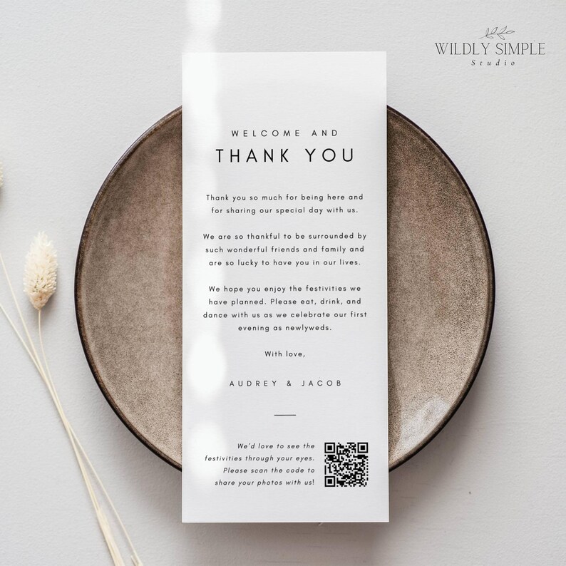 Thank You Place Card With QR Code, Wedding Thanks for Coming Table ...
