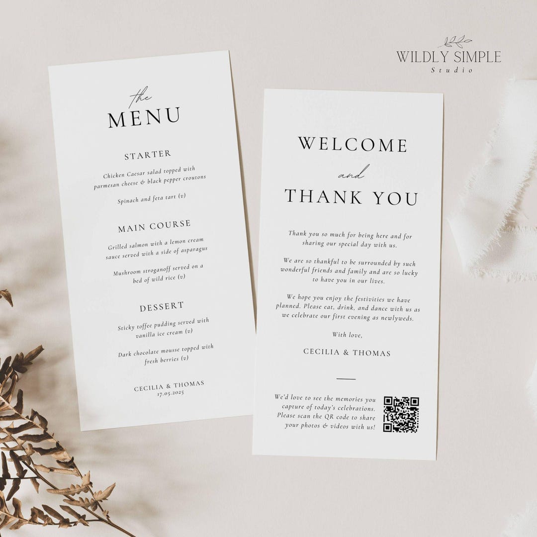 Double Sided Menu and Thank You Card, Wedding Napkin Note Set, Elegant ...