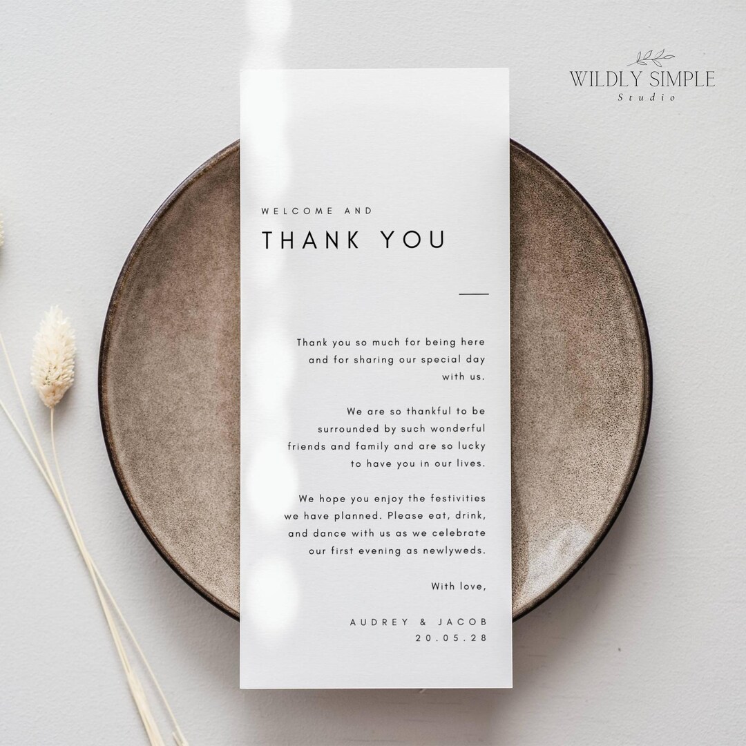 Welcome and Thank You Table Setting Card, Plate Napkin Note, Wedding ...