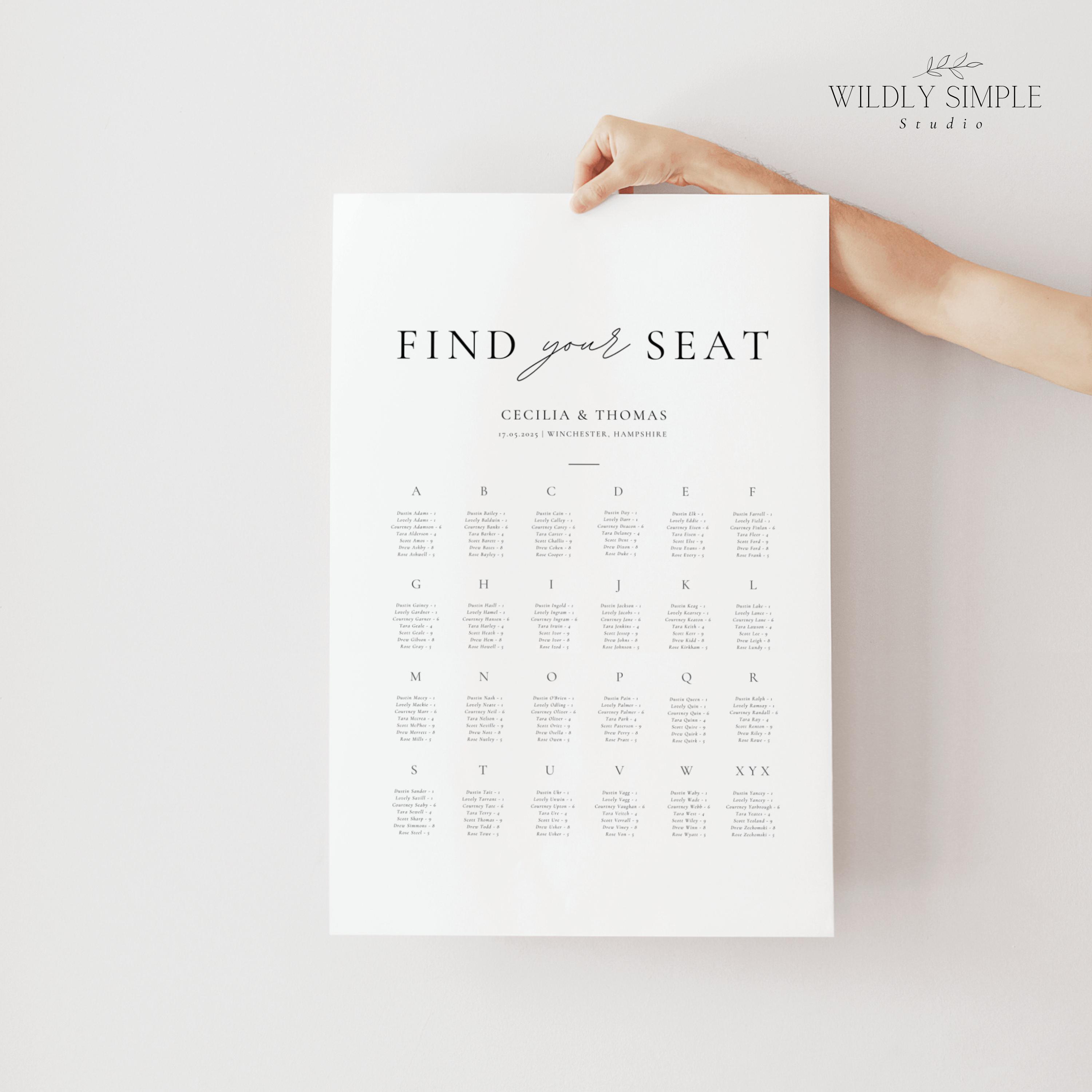 Editable Seating Chart Alphabetical Order, Wedding Table Plan, Find ...