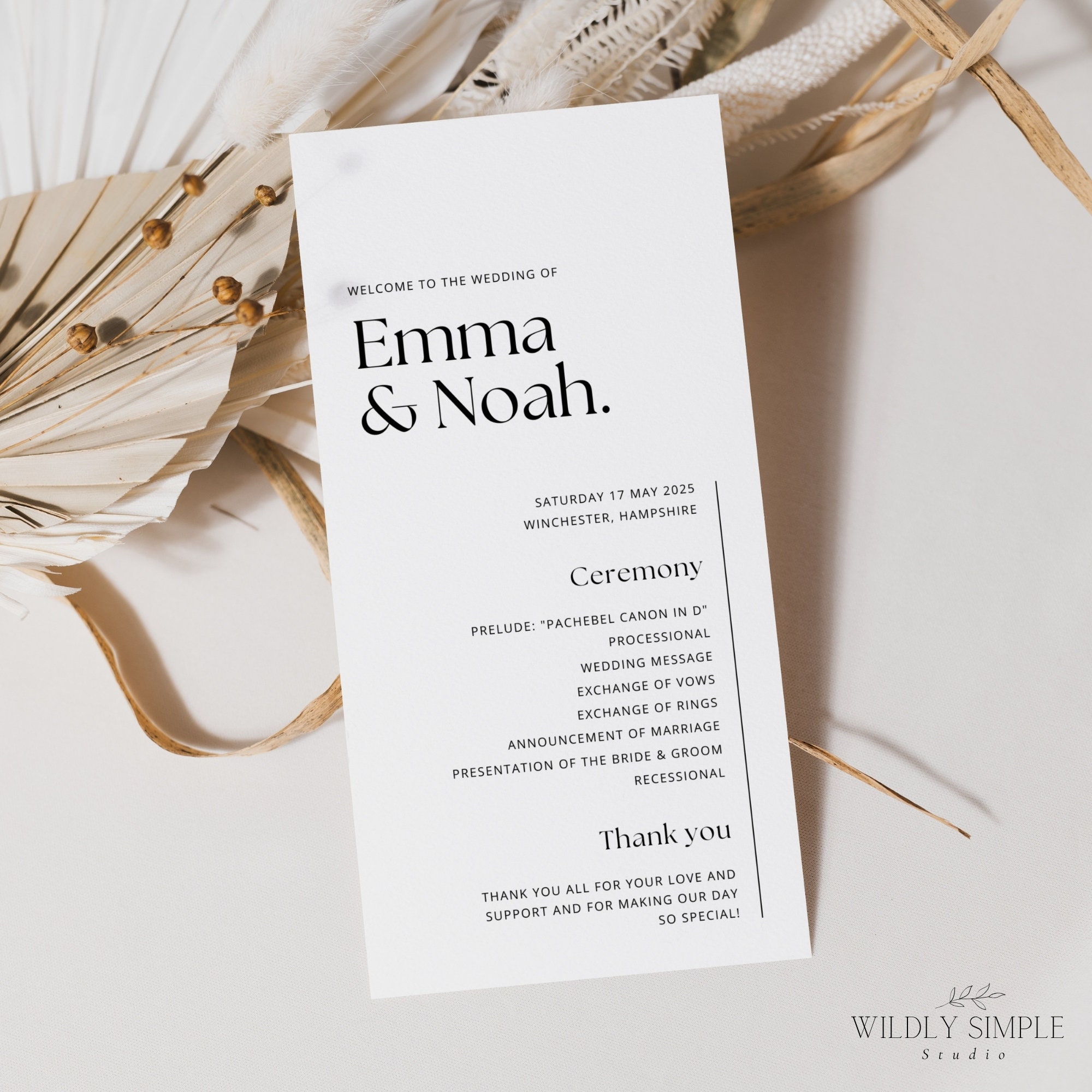 Simple Wedding Program Template, Customisable Order of Service, Modern ...