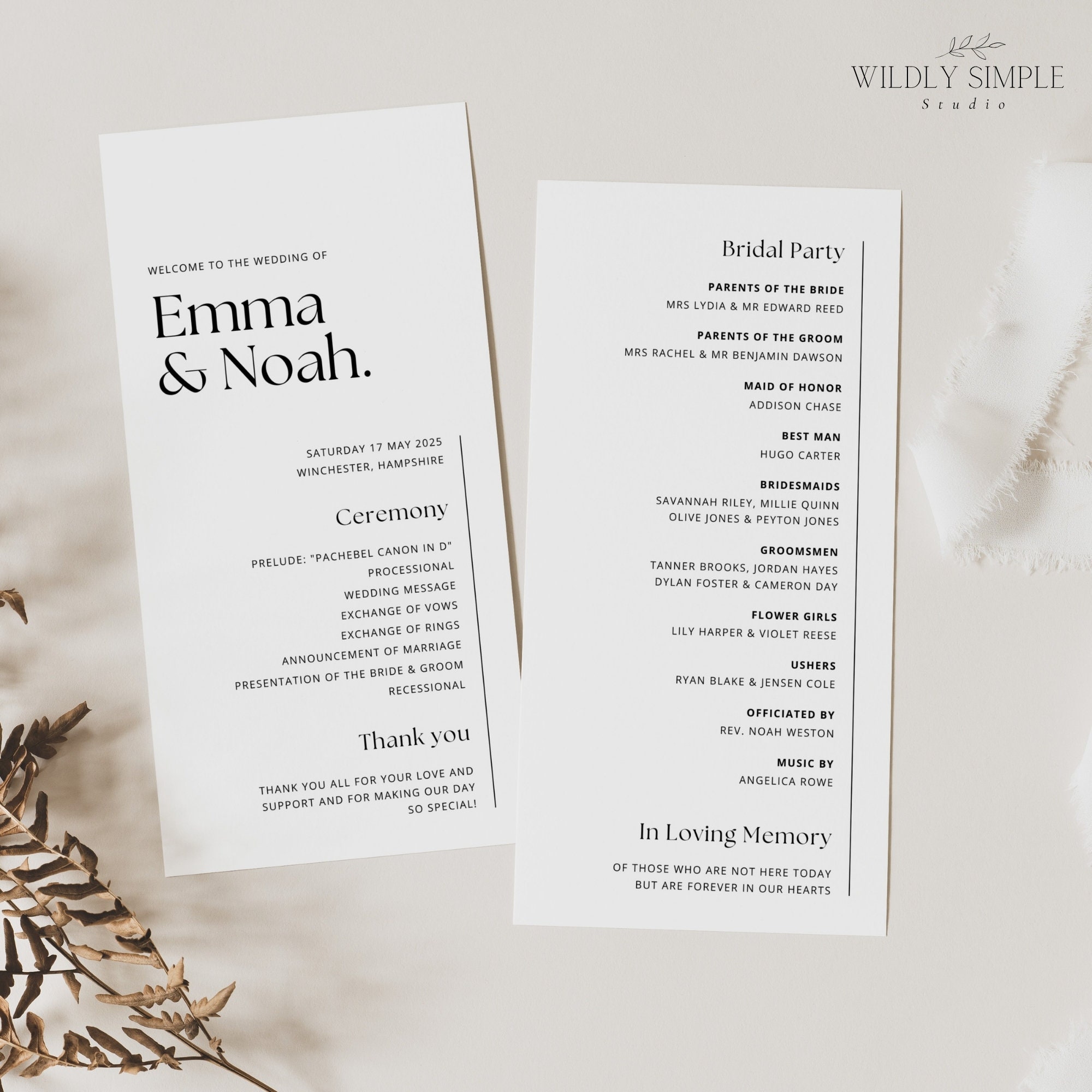 Simple Wedding Program Template, Customisable Order of Service, Modern ...