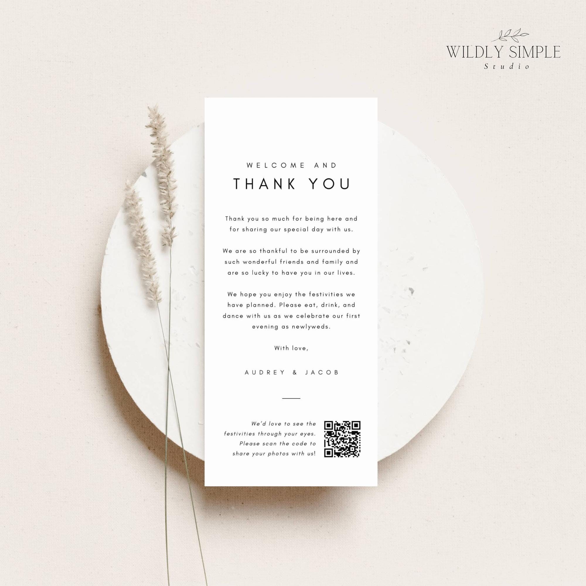 Thank You Place Card With QR Code, Wedding Thanks for Coming Table ...