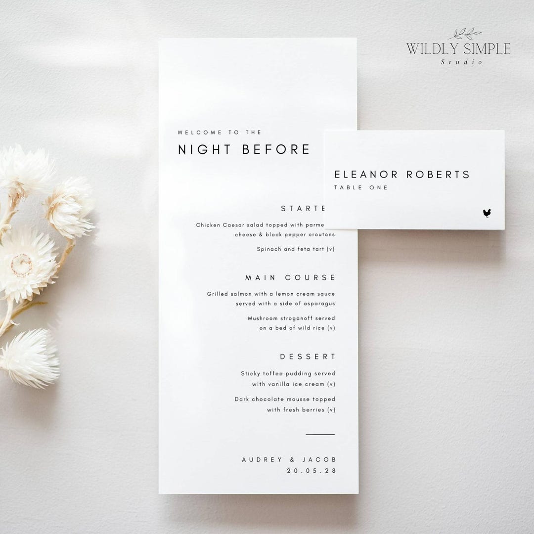 Rehearsal Dinner Menu and Name Card, the Night Before, One Day Away ...