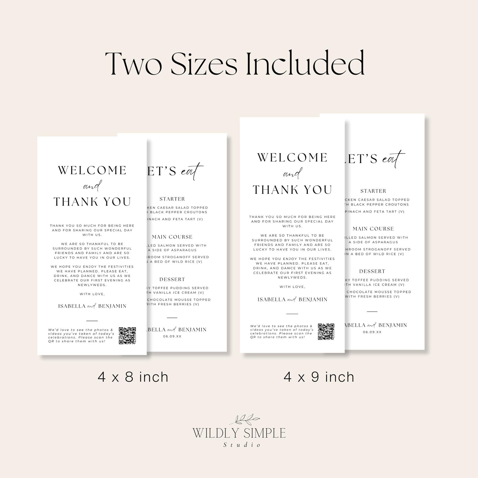 Double Sided Menu and Thank You Card, Wedding Napkin Note Set, Elegant ...