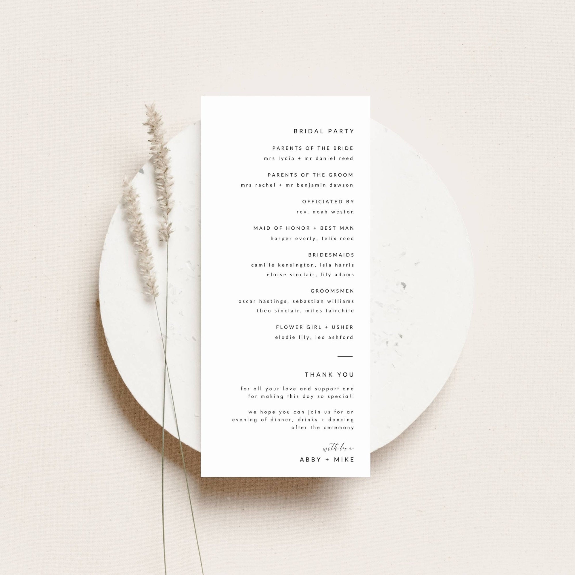 Simple Wedding Program Template, Elegant One Page Order of Service, Double Sided Ceremony ...