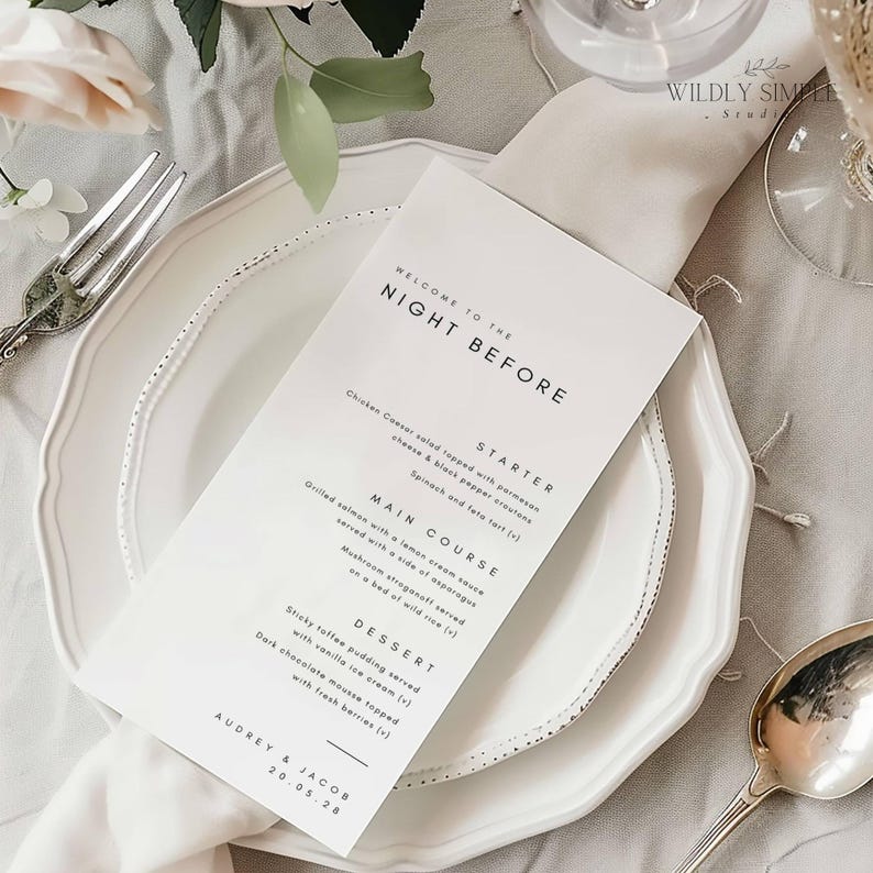 Rehearsal Dinner Menu Template, the Night Before Setting Card, Elegant ...