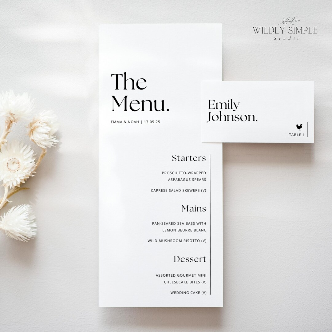 Menu and Place Card Combo, Modern Dinner Party Set, Reception Table ...