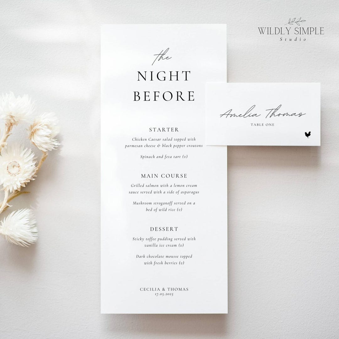 Rehearsal Dinner Menu and Placecards Set, Elegant the Night Before ...
