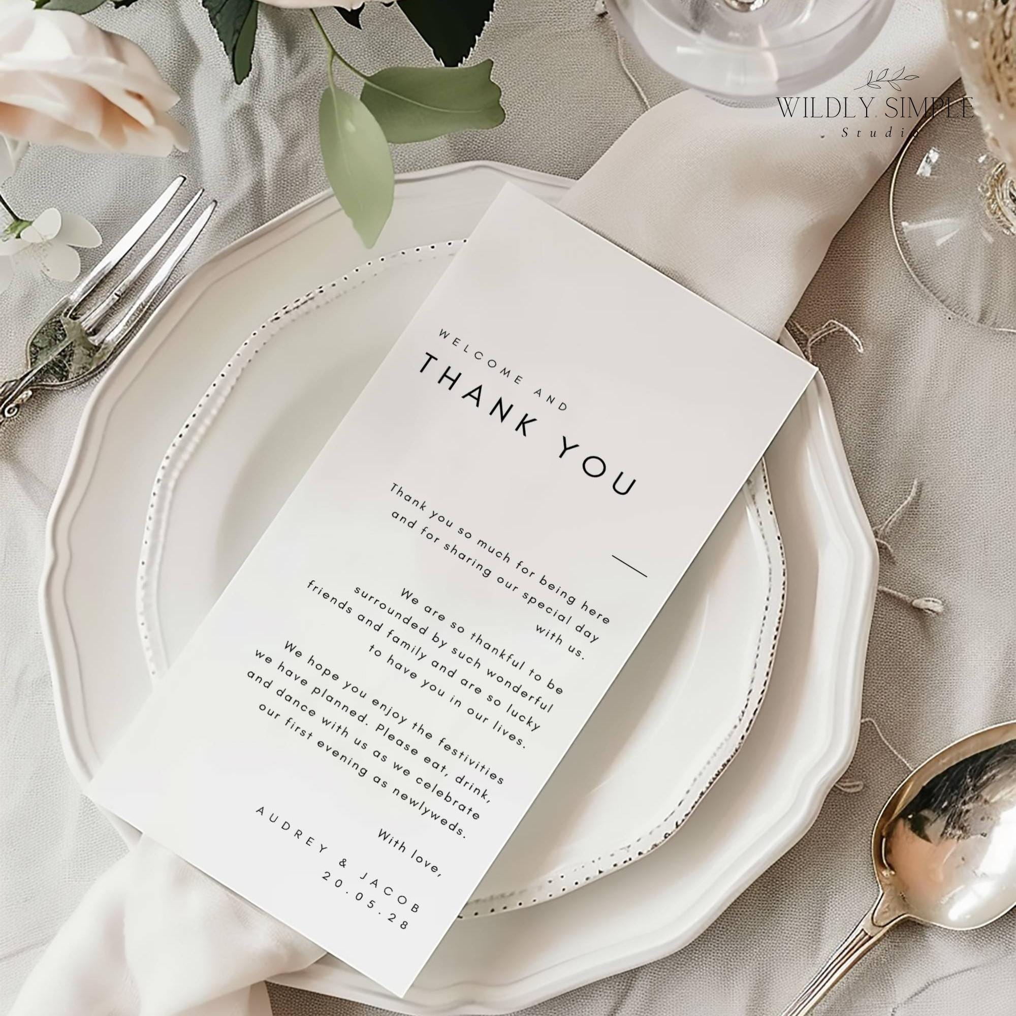 Welcome and Thank You Table Setting Card, Plate Napkin Note, Wedding ...