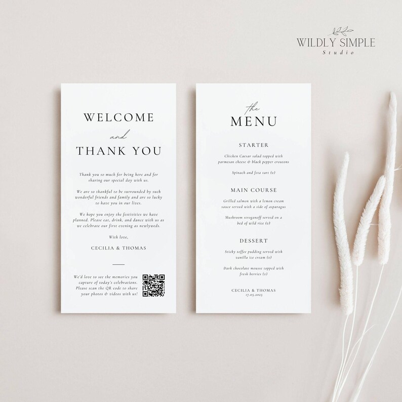 Double Sided Menu and Thank You Card, Wedding Napkin Note Set, Elegant ...