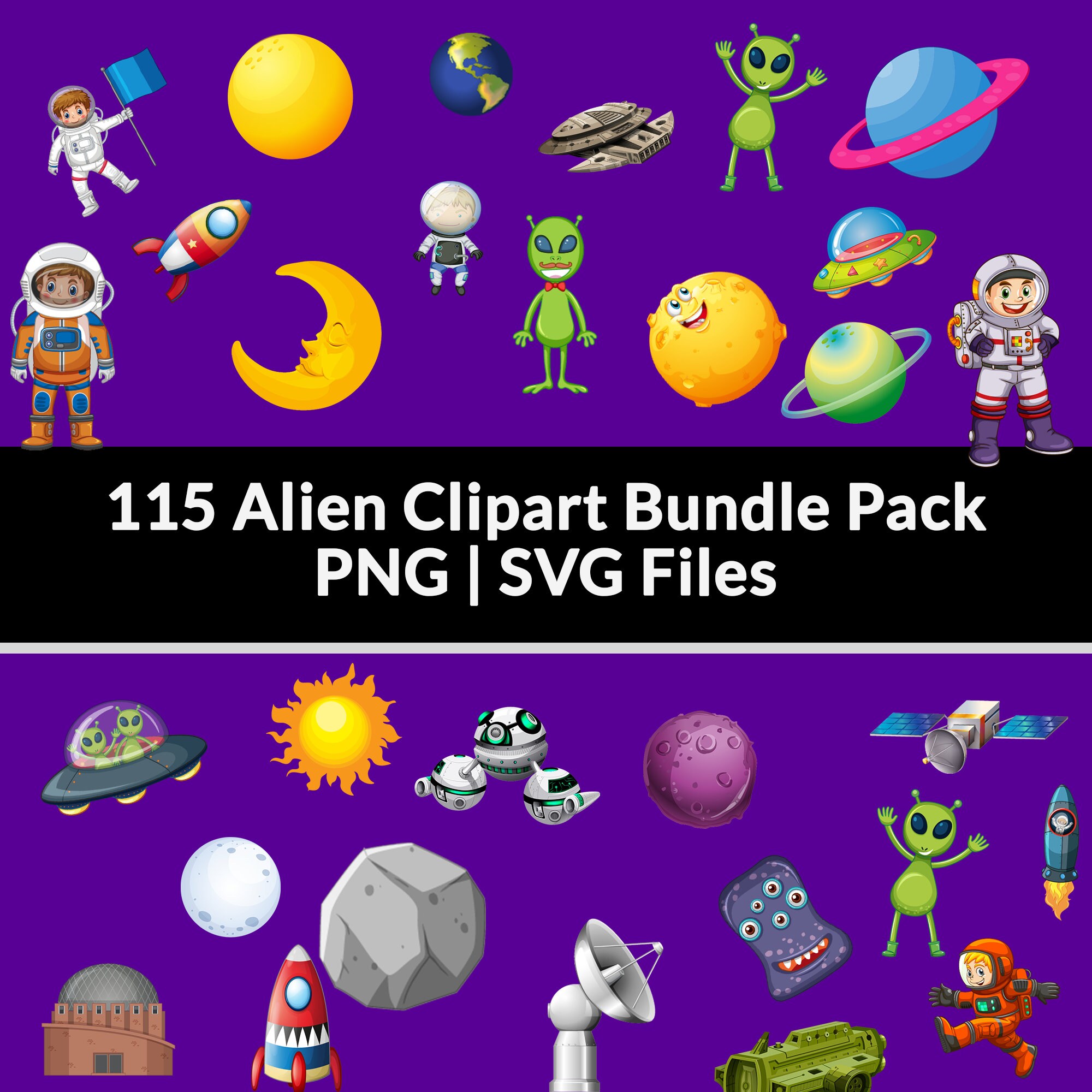 115 Aliens Clipart Set, Cute Alien Clip Art Illustrations, Watercolor ...