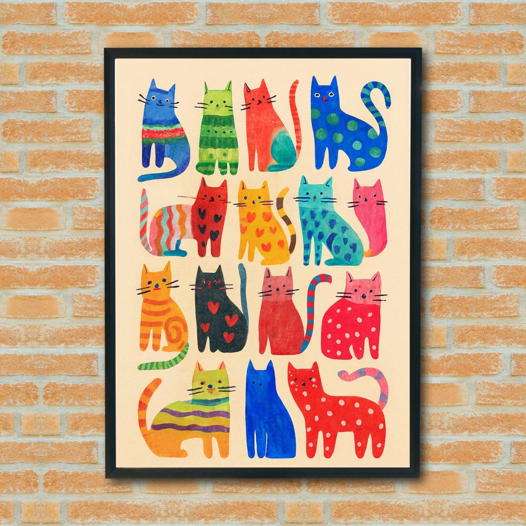 Colorful Cartoon Feline Print, Digital Download, Nursery & Kids Room ...
