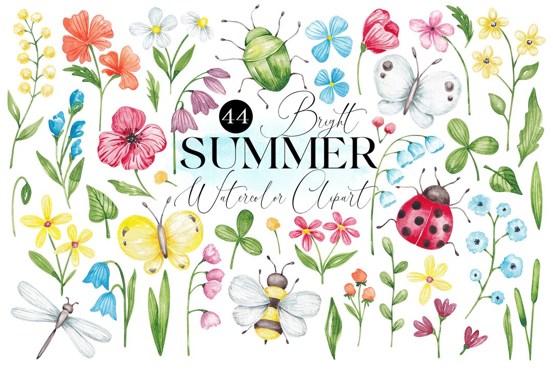 Summer Flower Insect Printable Clipart Meadow Digital Print Watercolor ...