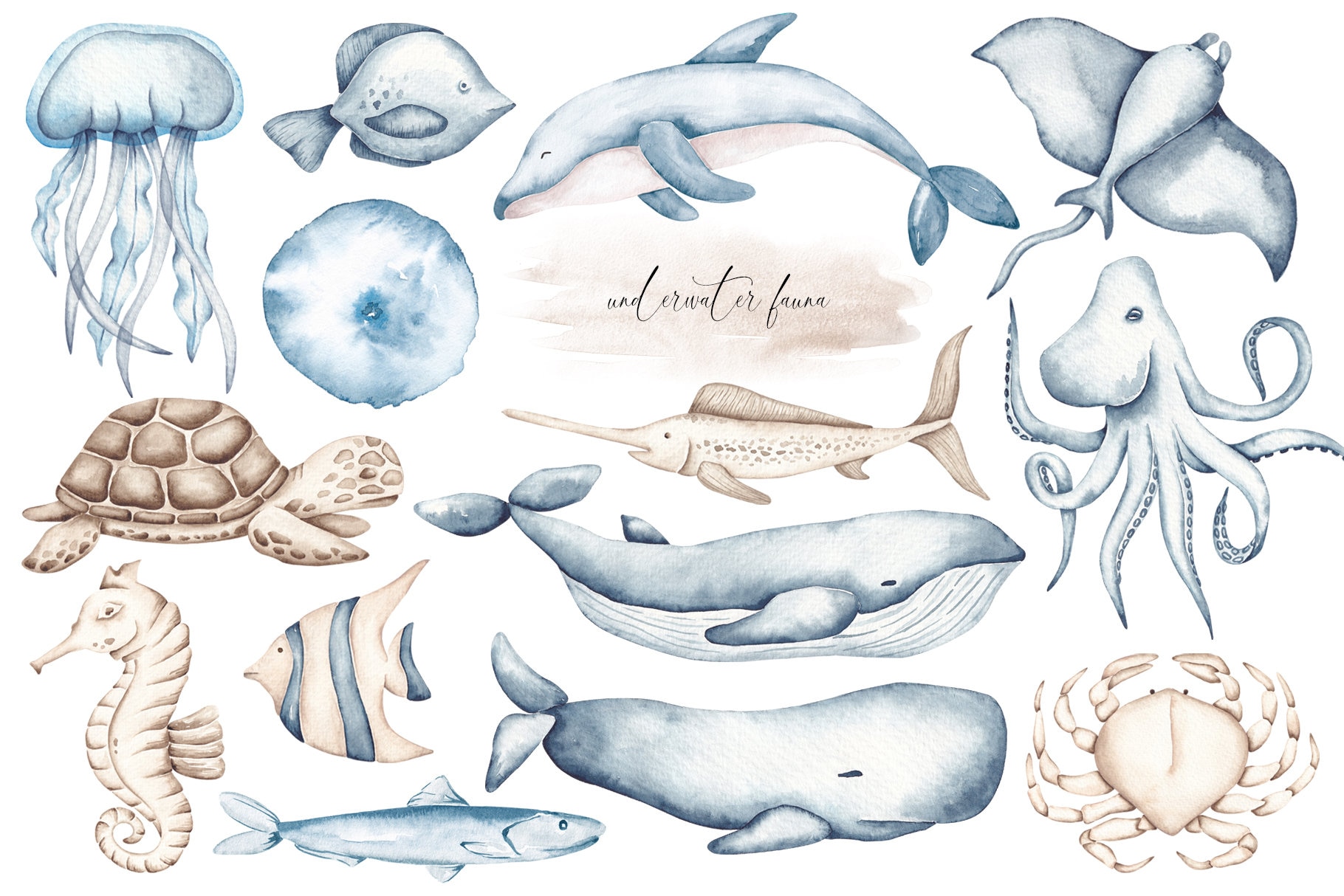 Watercolor Nautical Printable Clipart Ocean Life Marine Digital Print ...