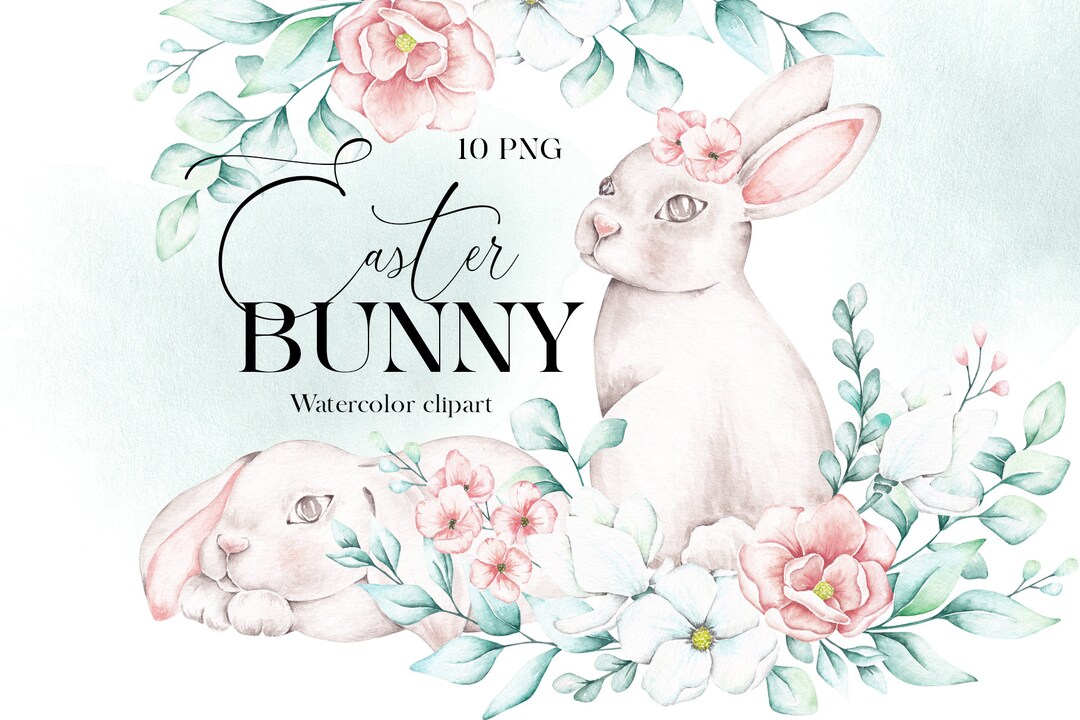 Watercolor Easter Bunny Clipart. Floral Frame Border With Blooming ...