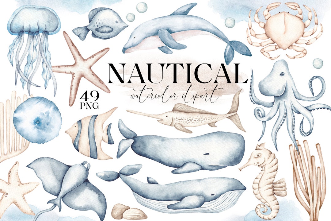 Watercolor Nautical Printable Clipart Ocean Life Marine Digital Print ...
