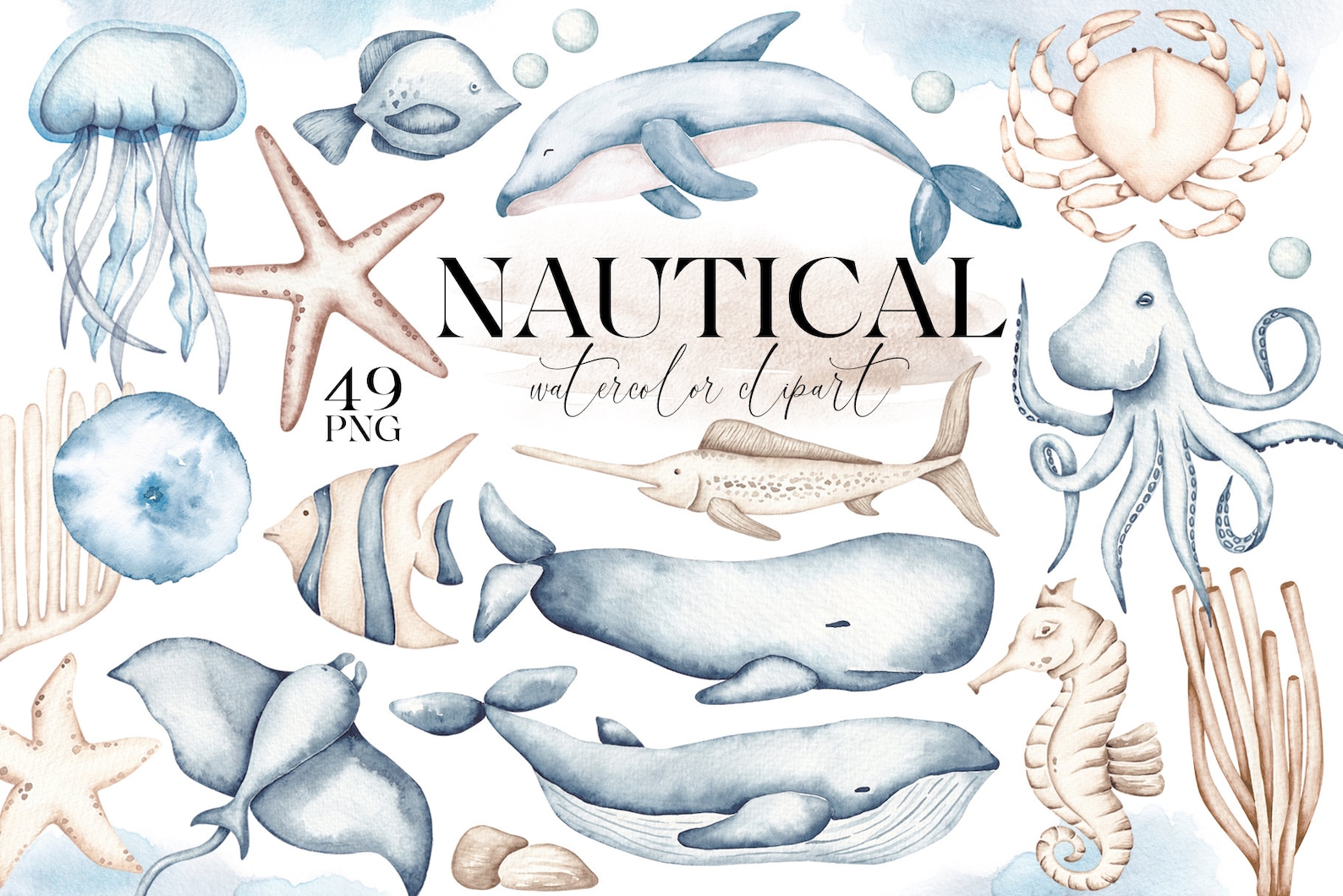 Watercolor Nautical Printable Clipart Ocean Life Marine Digital Print ...