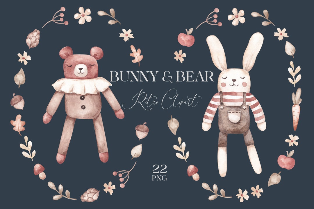 Retro Bunny Bear Printable Clipart Watercolor Kid Print Digital Wall ...