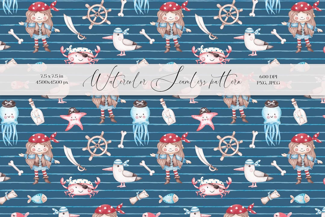 Pirate Girl Repeat Pattern Pirate Kid Seamless Tile Watercolor Hand ...