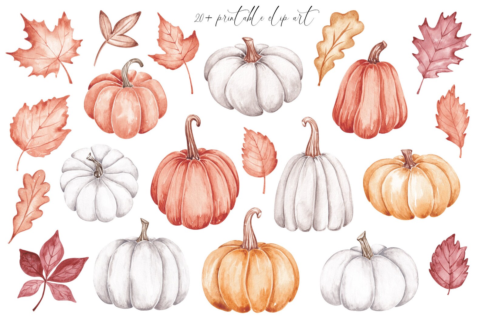 Fall Pumpkins Leaves Printable Clip Art Thanksgiving Watercolor Prints ...