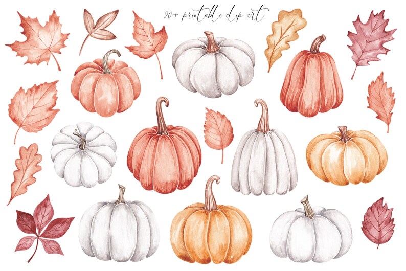 Fall Pumpkins Leaves Printable Clip Art Thanksgiving Watercolor Prints ...