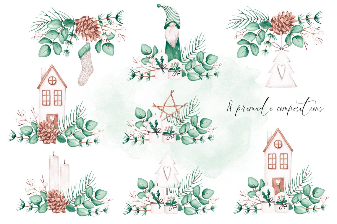 Scandinavian Christmas Printable Clipart Png Watercolor Nordic House ...