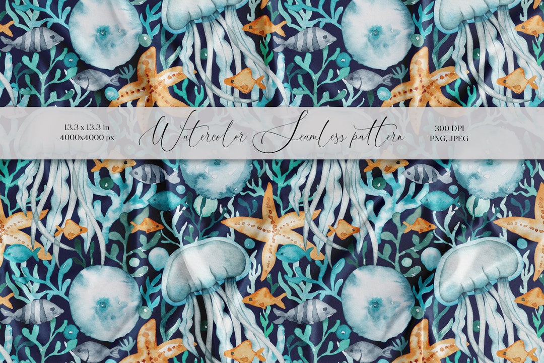 Watercolor Seaweeds Jellyfish Seamless Pattern Digital Fabric Paper ...