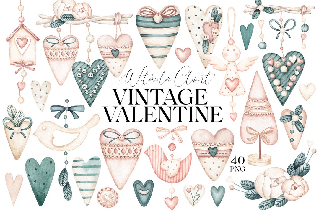 Vintage Valentine Hearts Love Clip Art Png. Boho Green Beige Watercolor ...