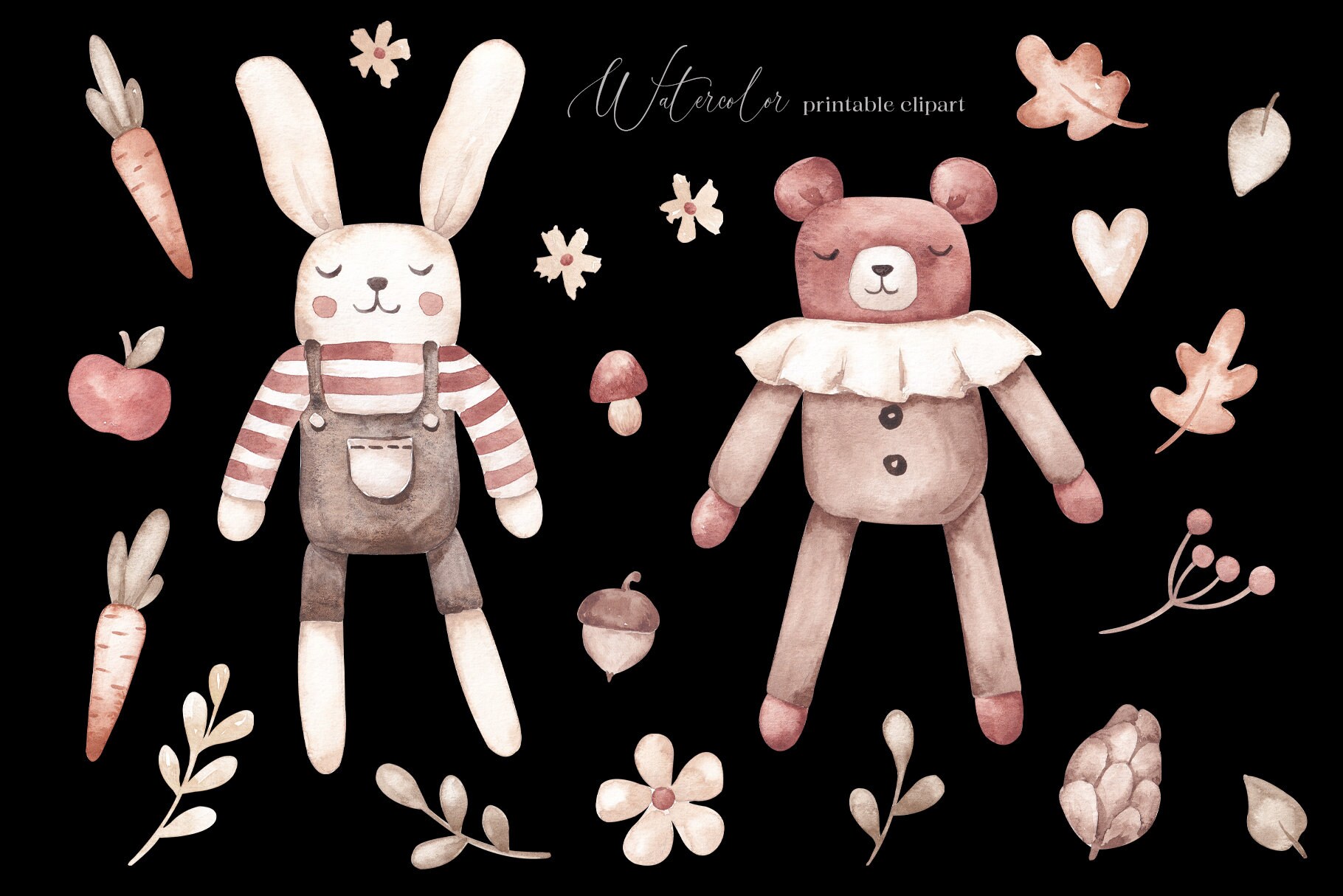 Retro Bunny Bear Printable Clipart Watercolor Kid Print Digital Wall ...