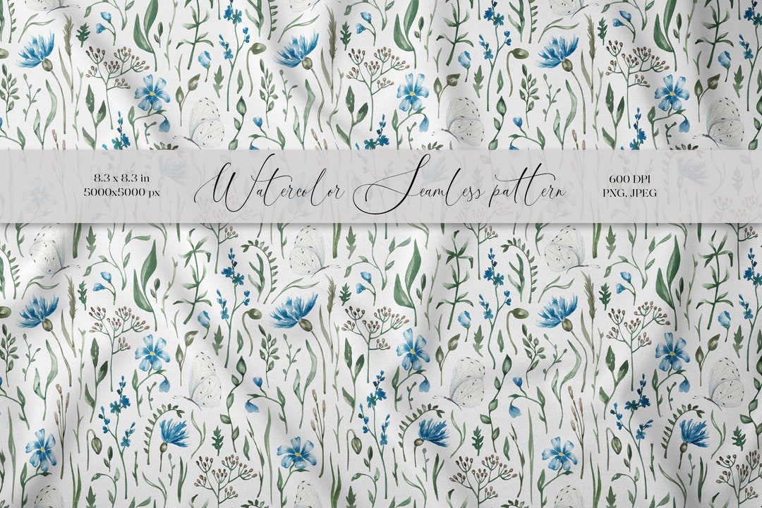 Watercolor Blue Wildflowers Seamless Pattern. Repeated Summer Floral ...