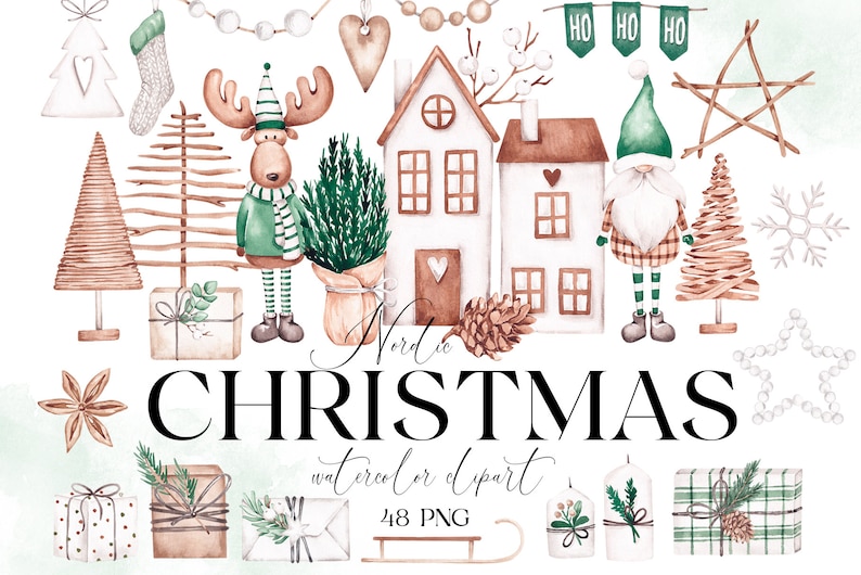Scandinavian Christmas Printable Clipart. Watercolor Nordic - Etsy