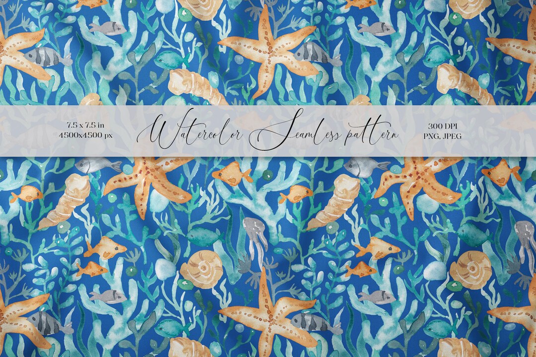 Nautical Seamless Pattern Ocean Life Digital Fabric Print Seaweeds ...