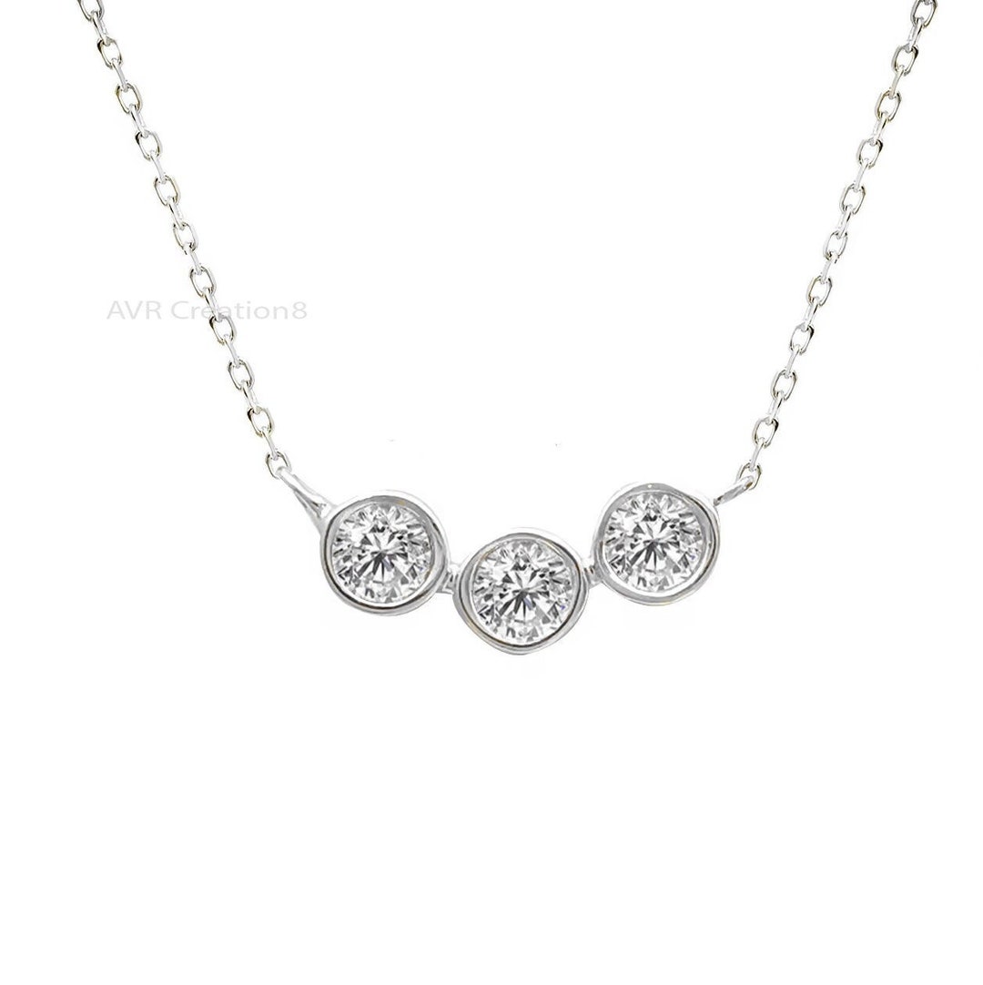 Bezel Set Trio Diamond Pendant: 14K White Gold Plated Sterling Silver ...
