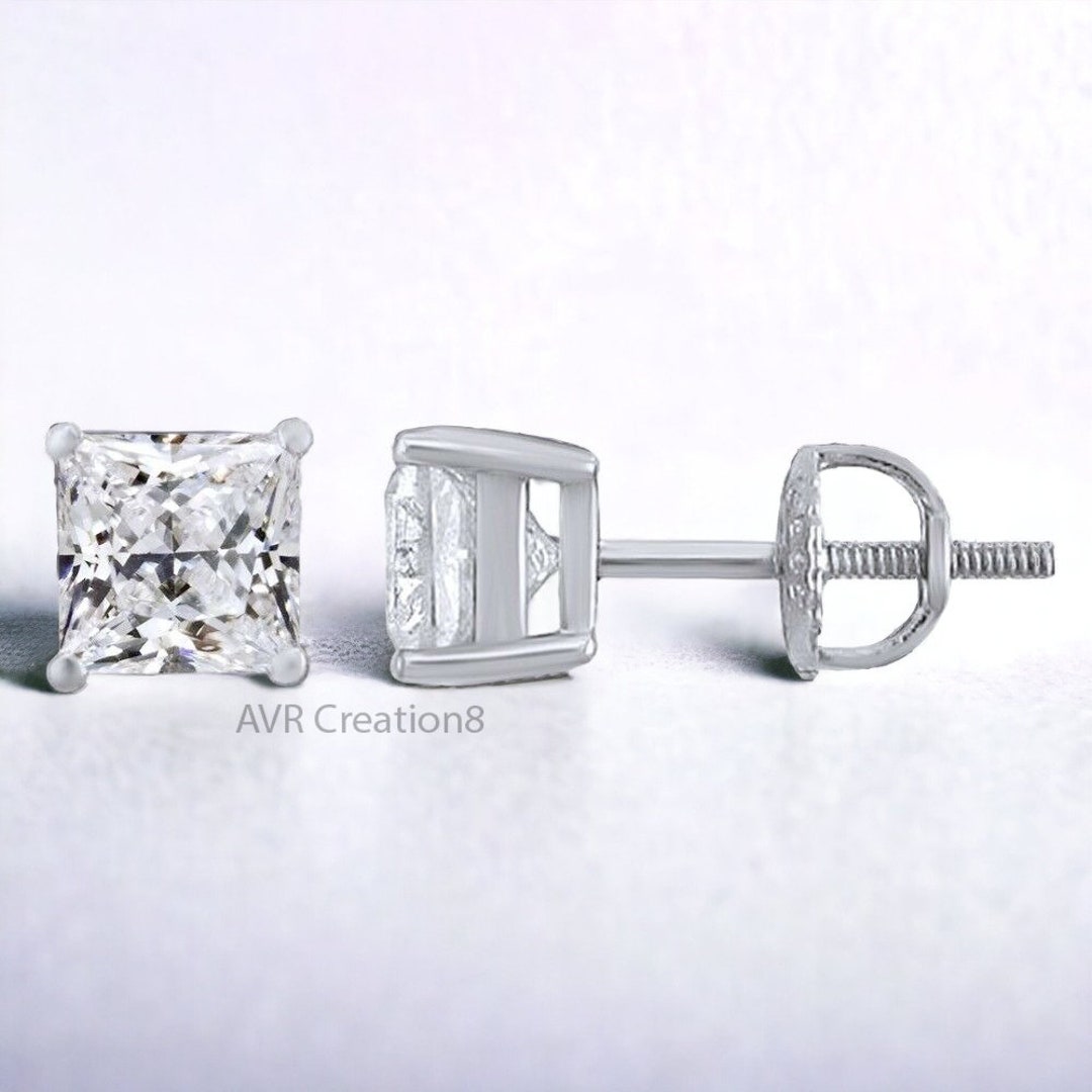 Princess Cut Stud Earrings, Single Stone Earrings, 925 Sterling Silver ...
