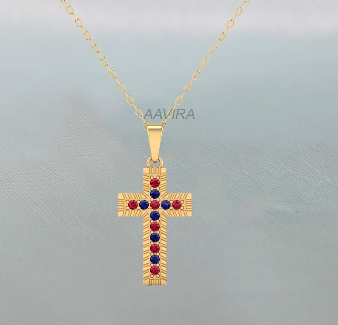 Sapphire & Ruby Cross Necklace, Red Ruby Cross Pendant, 14k Yellow Gold ...