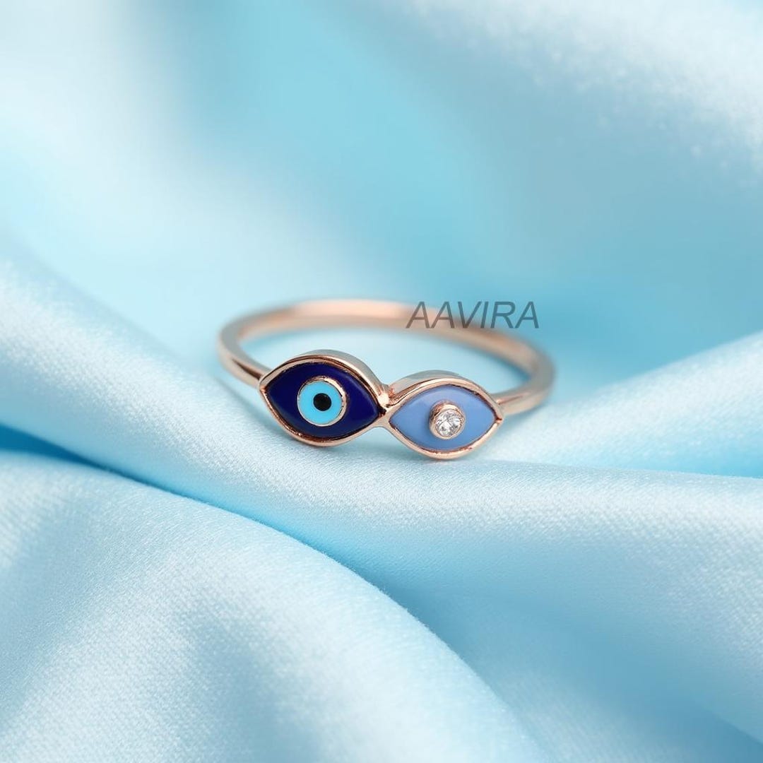 Rose Gold Dual Evil Eye Ring: Diamond Accent, Two-tone Protection - Etsy