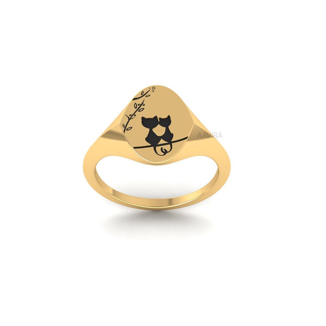 Two Cats on Branch Signet Ring, Cute Cat Couple Jewelry, Personalized ...