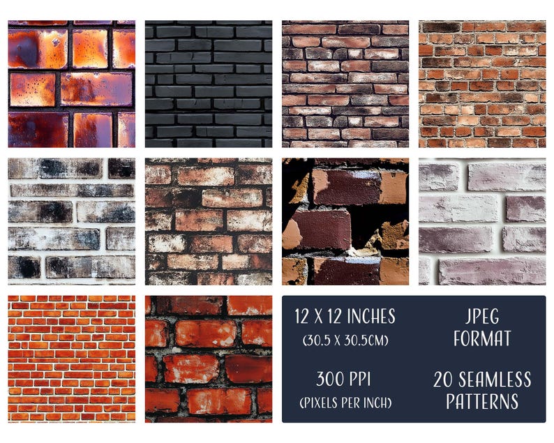 Brick Wall Seamless Patterns, Printable Digital Paper, Commercial Use ...
