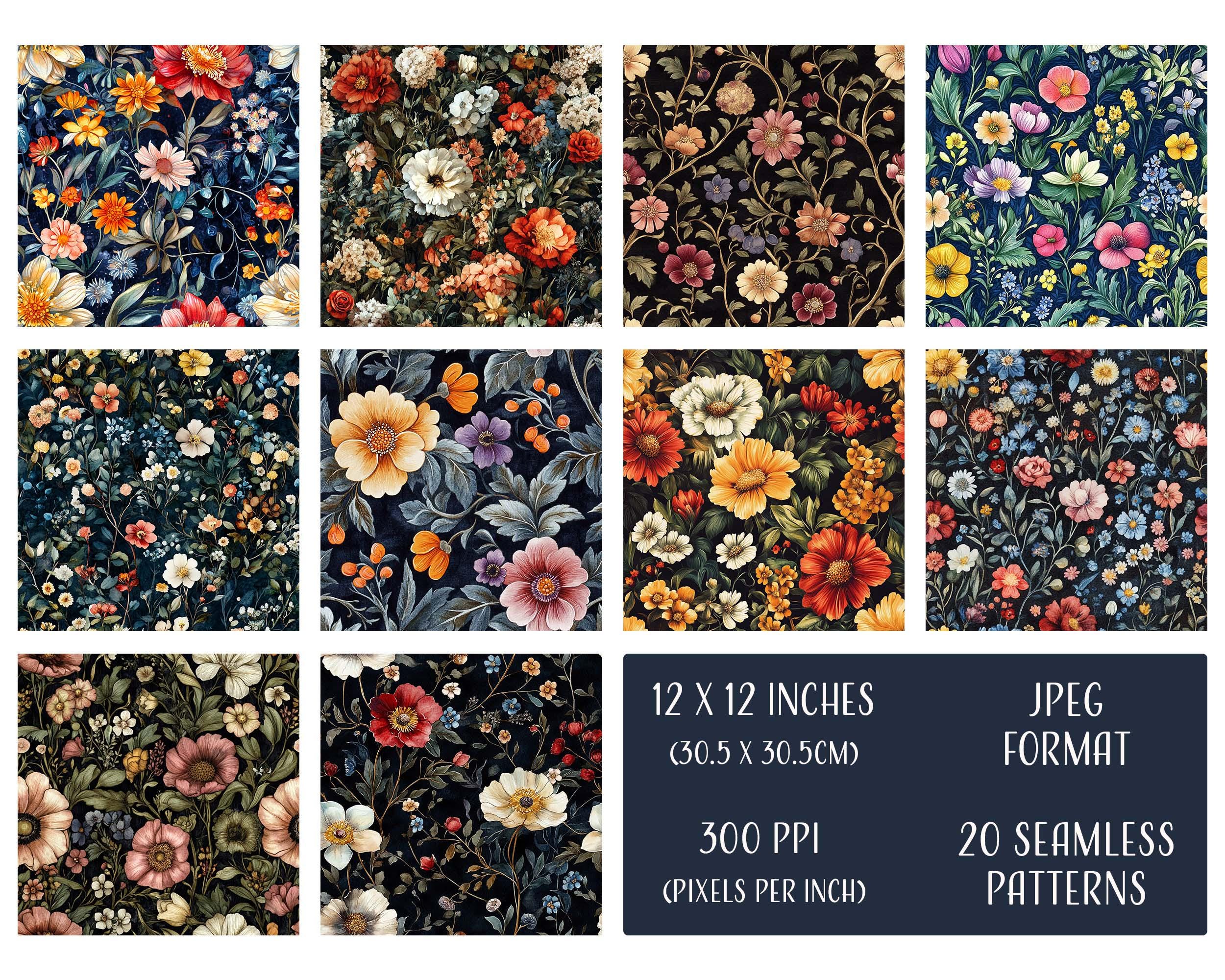 Botanical Dark Seamless Patterns, Printable Digital Paper, Commercial ...