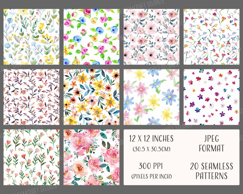 Flowers Seamless Patterns, Printable Digital Paper, Commercial Use ...