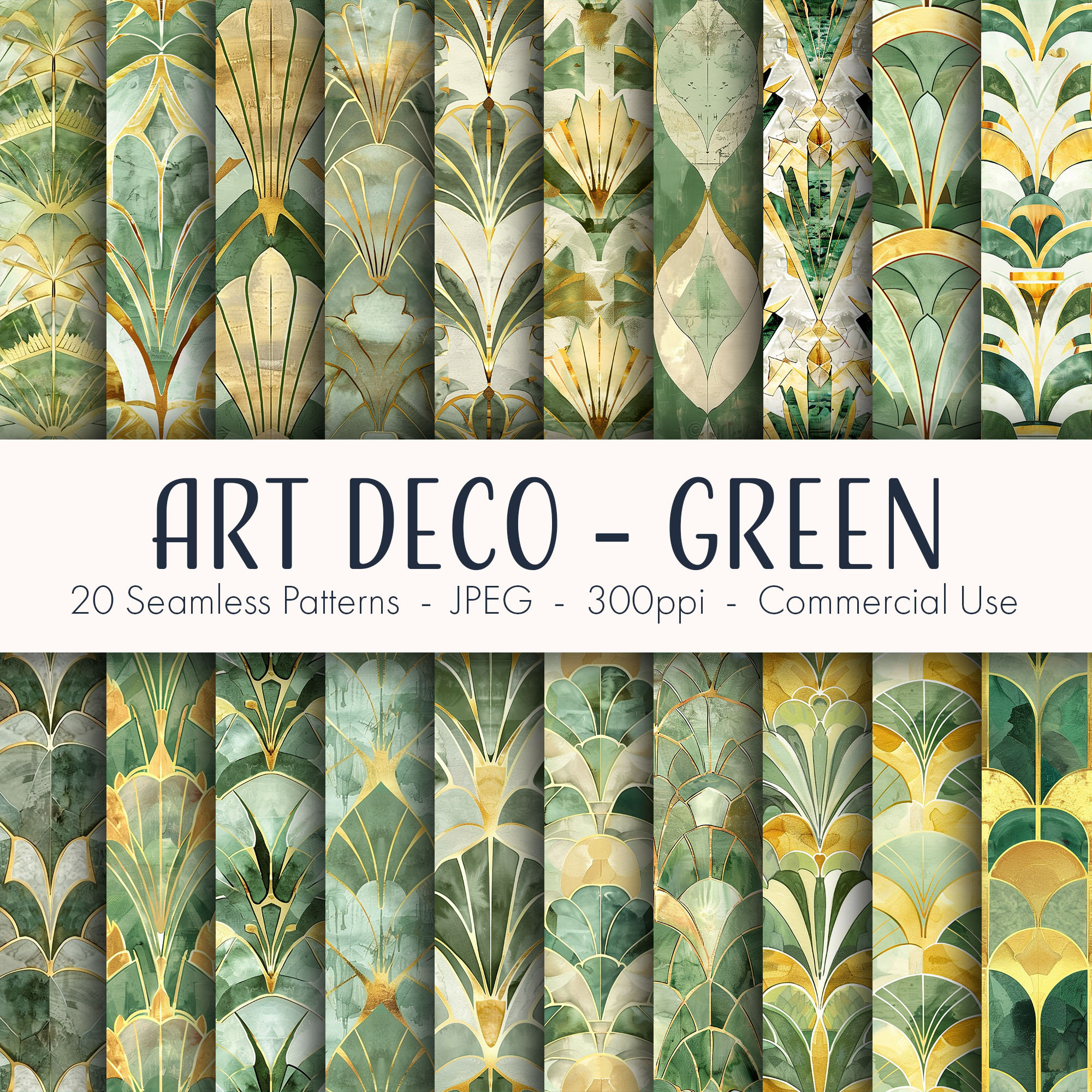Art Deco Green Seamless Patterns, Printable Digital Paper, Commercial ...