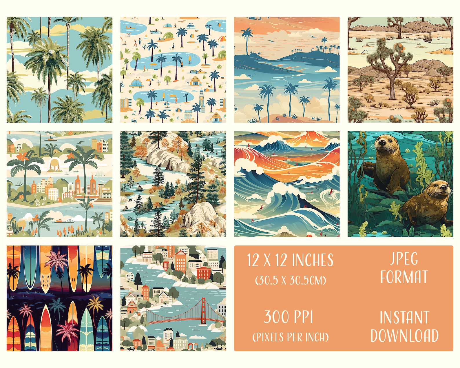 California Patterns, Printable Digital Paper, Commercial Use, JPEG ...