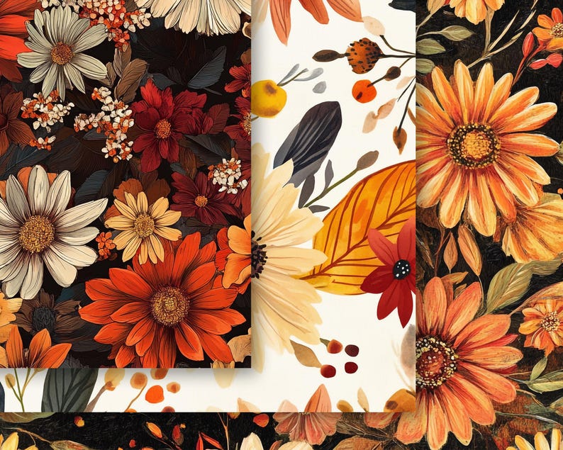 Fall Flowers Seamless Patterns, Printable Digital Paper, Commercial Use ...