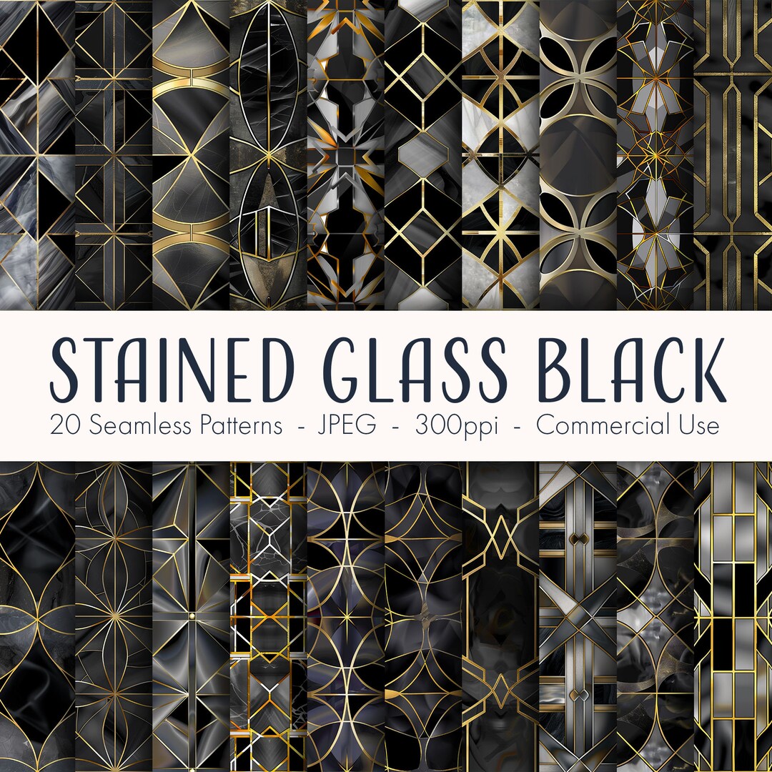 Stained Glass Black Seamless Patterns, Printable Digital Paper ...