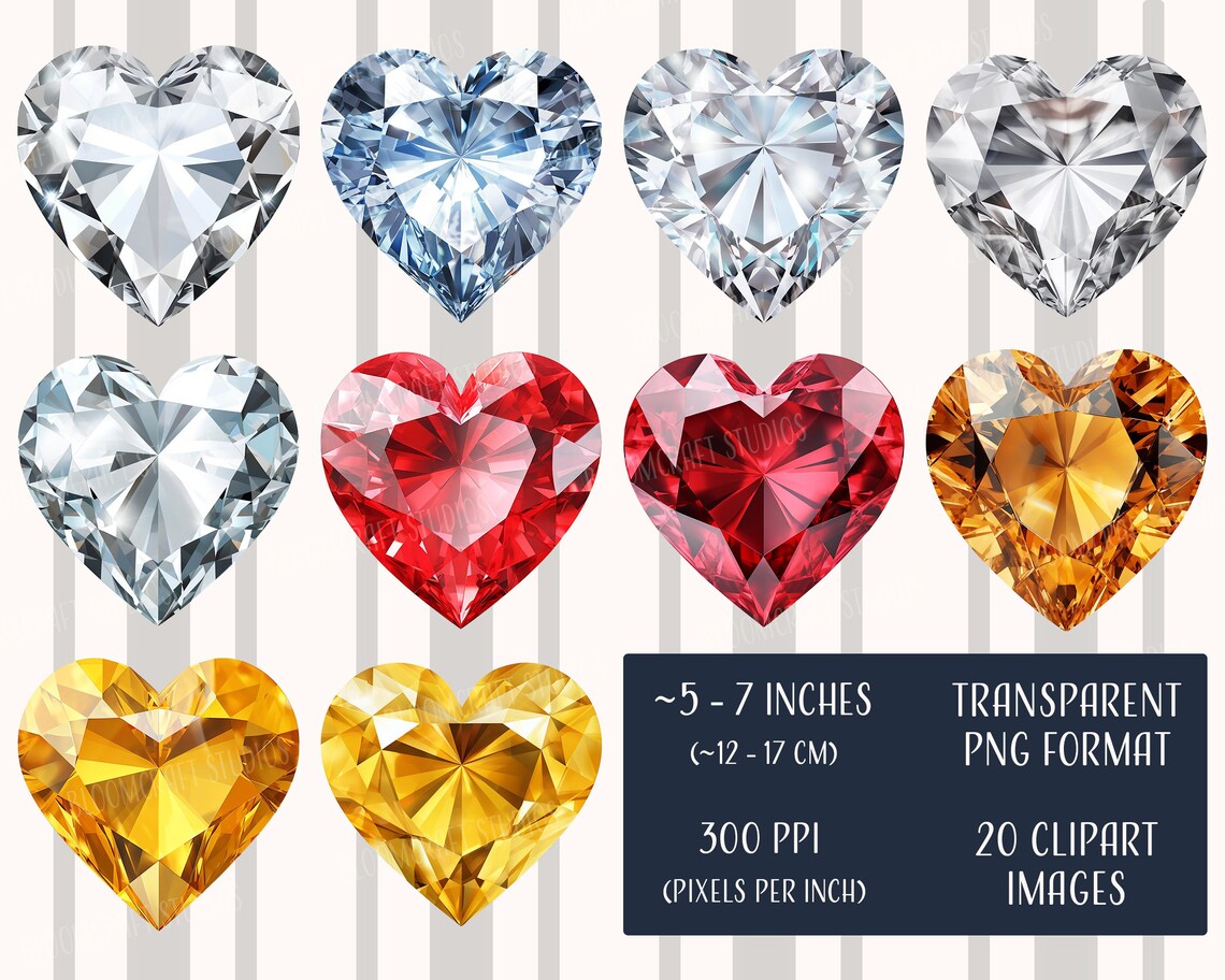Gem Hearts Clipart Printable Images, Transparent Background, Instant ...